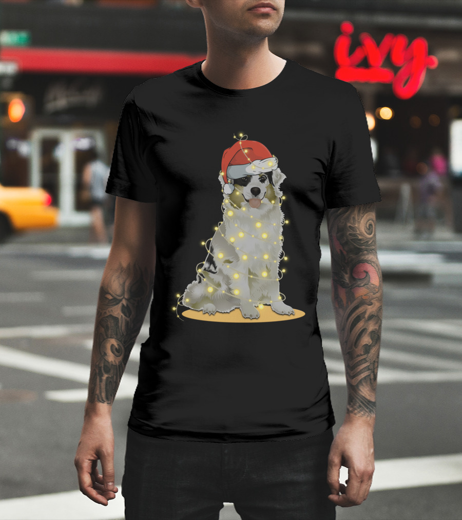 Santa Hat Australian Shepherd Wrapped In Christmas Lights T-Shirt