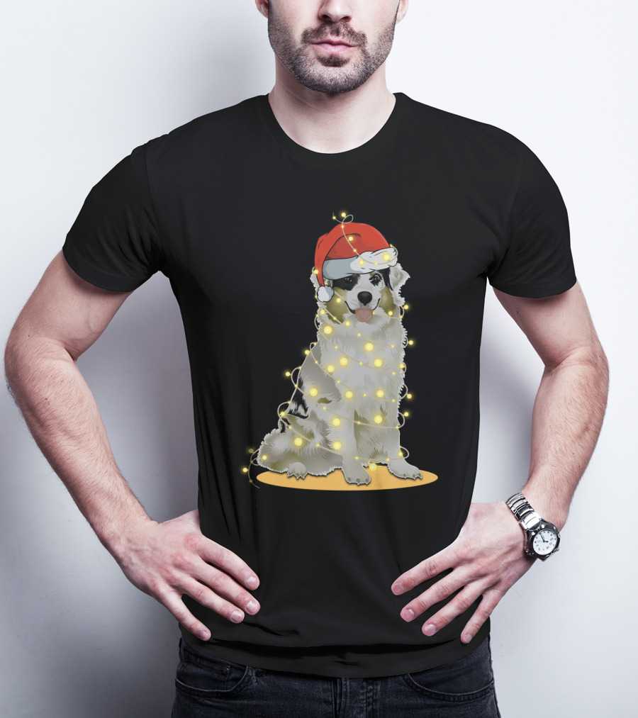 Santa Hat Australian Shepherd Wrapped In Christmas Lights T-Shirt