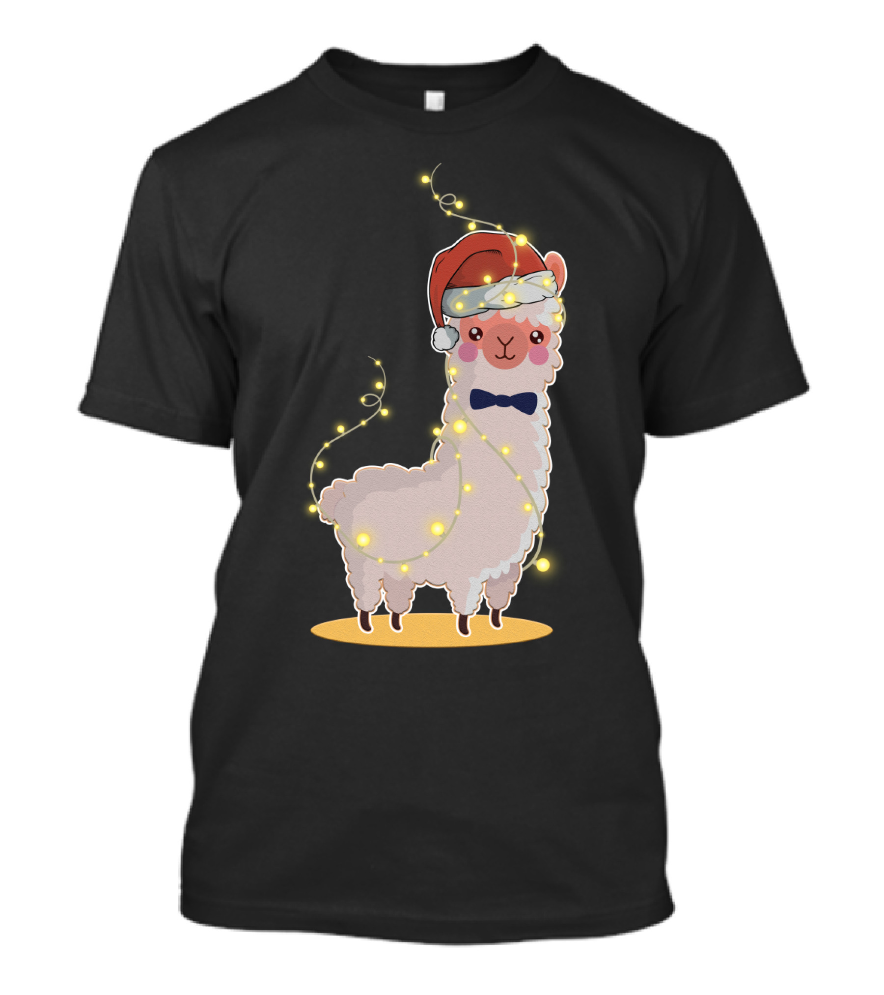 Alpaca Wrapped In Christmas Lights Wearing Santa Hat And Bow Tie T-Shirt