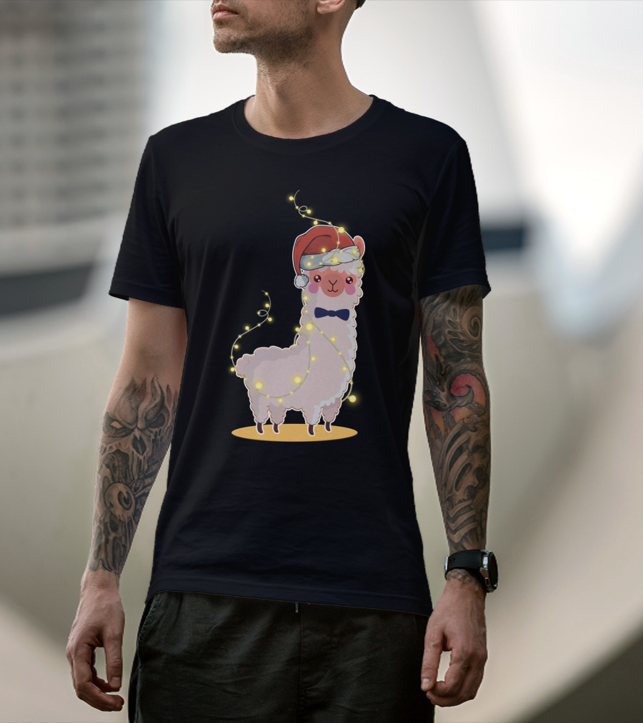 Alpaca Wrapped In Christmas Lights Wearing Santa Hat And Bow Tie T-Shirt
