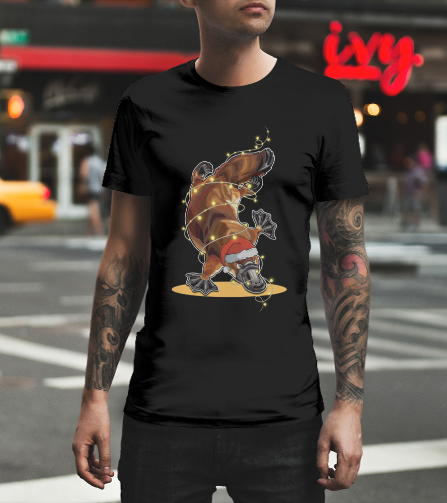 Christmas Lights Platypus Santa Hat Holiday Festive Decor T-Shirt