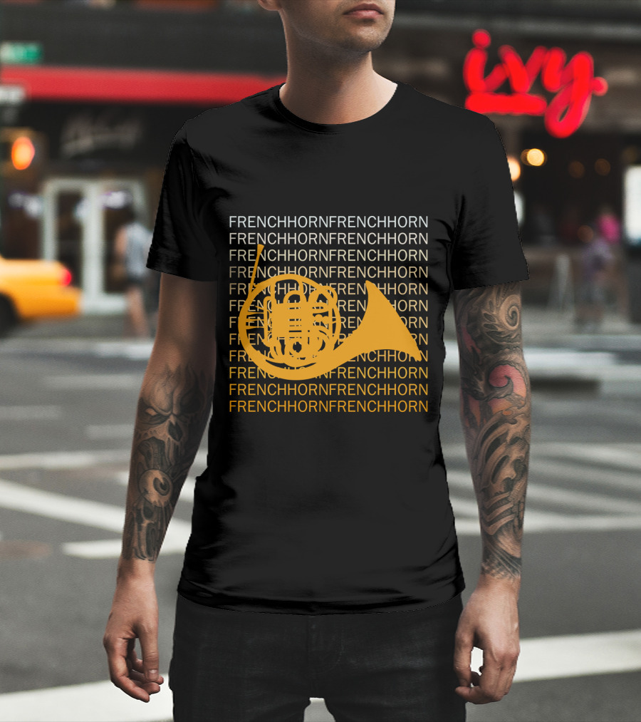 Repeating French Horn Text With Yellow Instrument T-Shirt