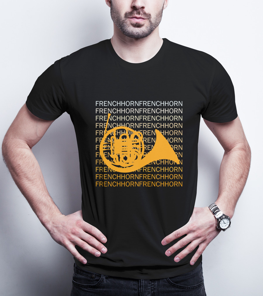 Repeating French Horn Text With Yellow Instrument T-Shirt