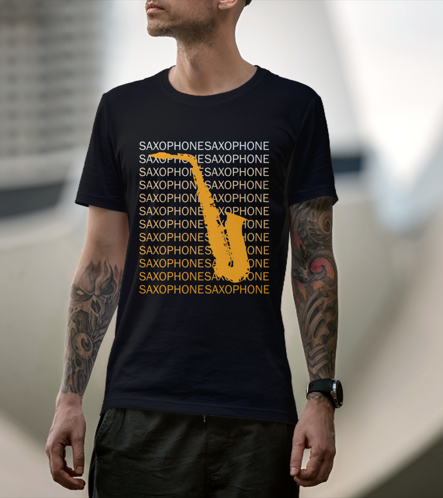 Saxophone Repeated Pattern With Bold Orange Saxophone Highlight T-Shirt