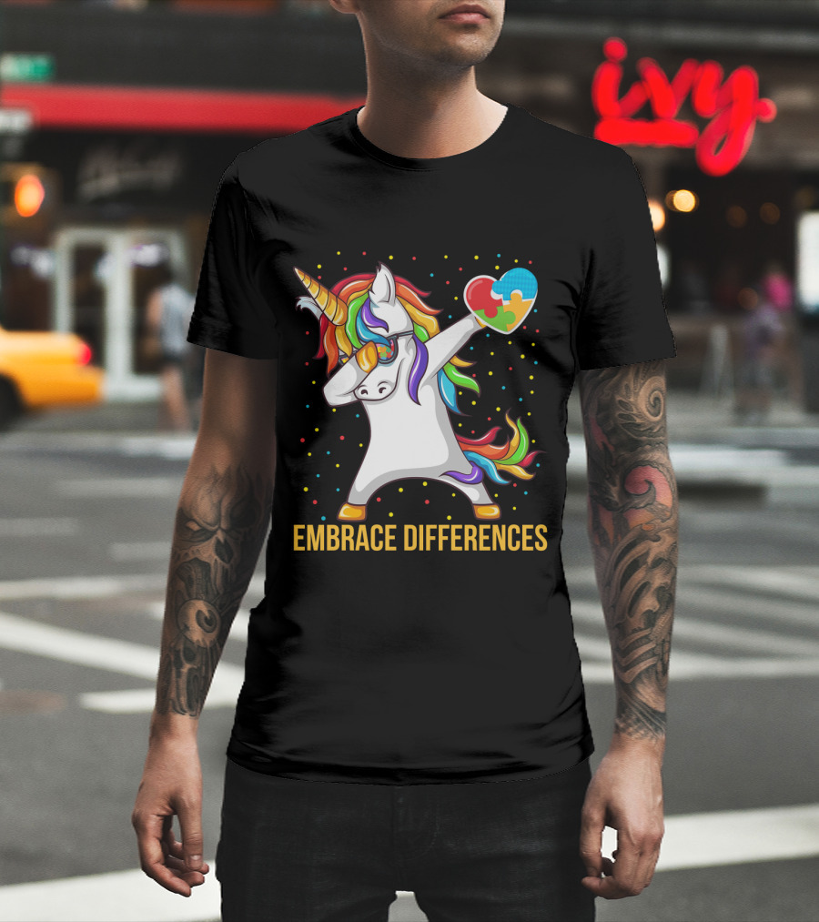 Embrace Differences Autism Awareness Dabbing Unicorn Heart Puzzle Piece T-Shirt