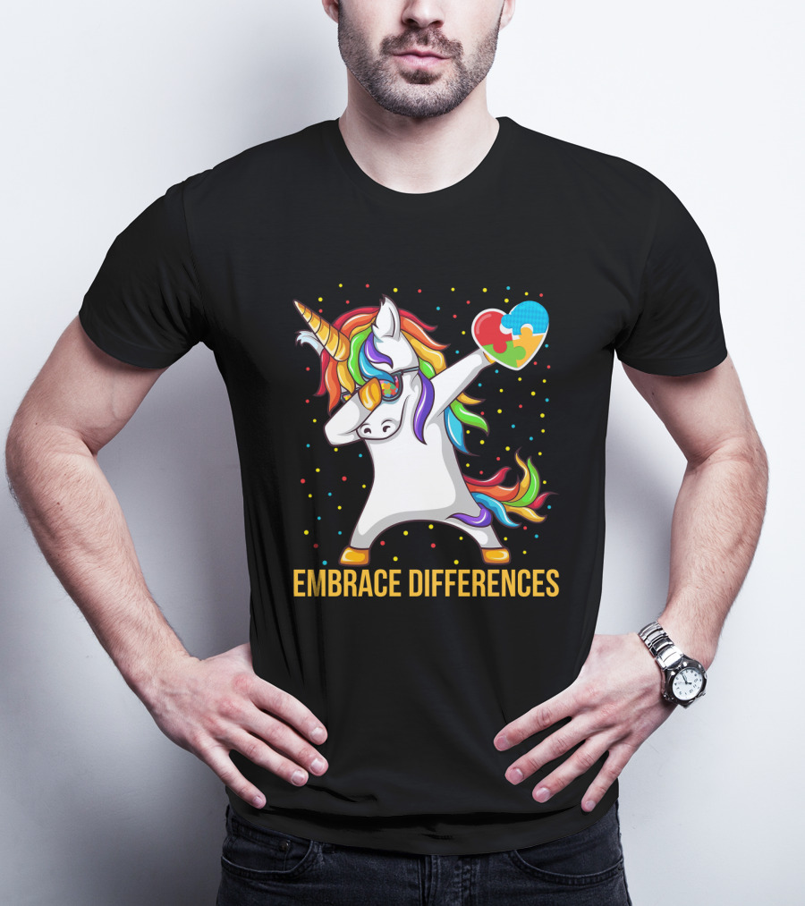 Embrace Differences Autism Awareness Dabbing Unicorn Heart Puzzle Piece T-Shirt