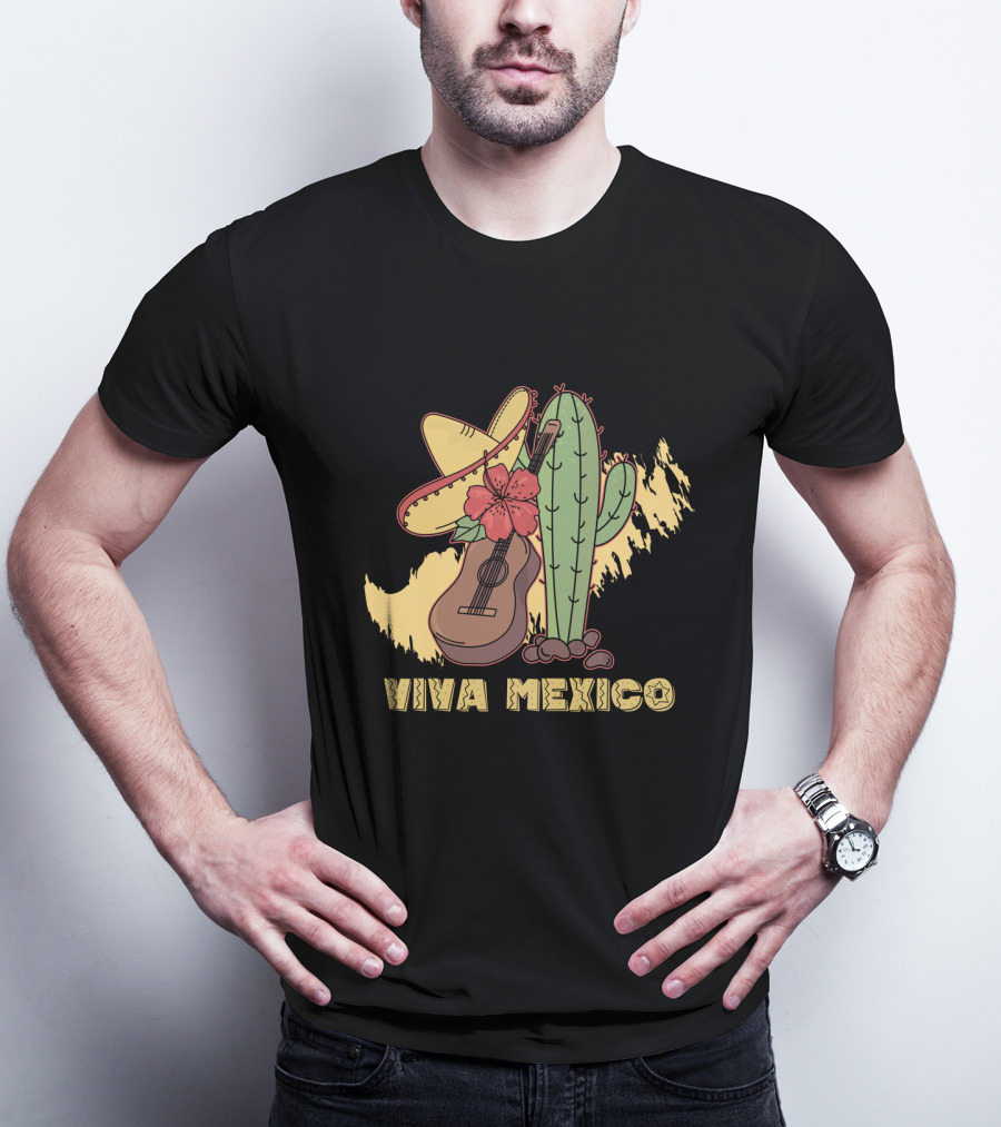 Viva Mexico Sombrero Guitar Cactus Flower T-Shirt