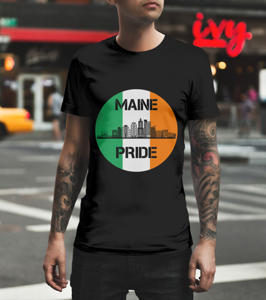 Maine Pride City Skyline With Irish Flag Colors Maine T-Shirt