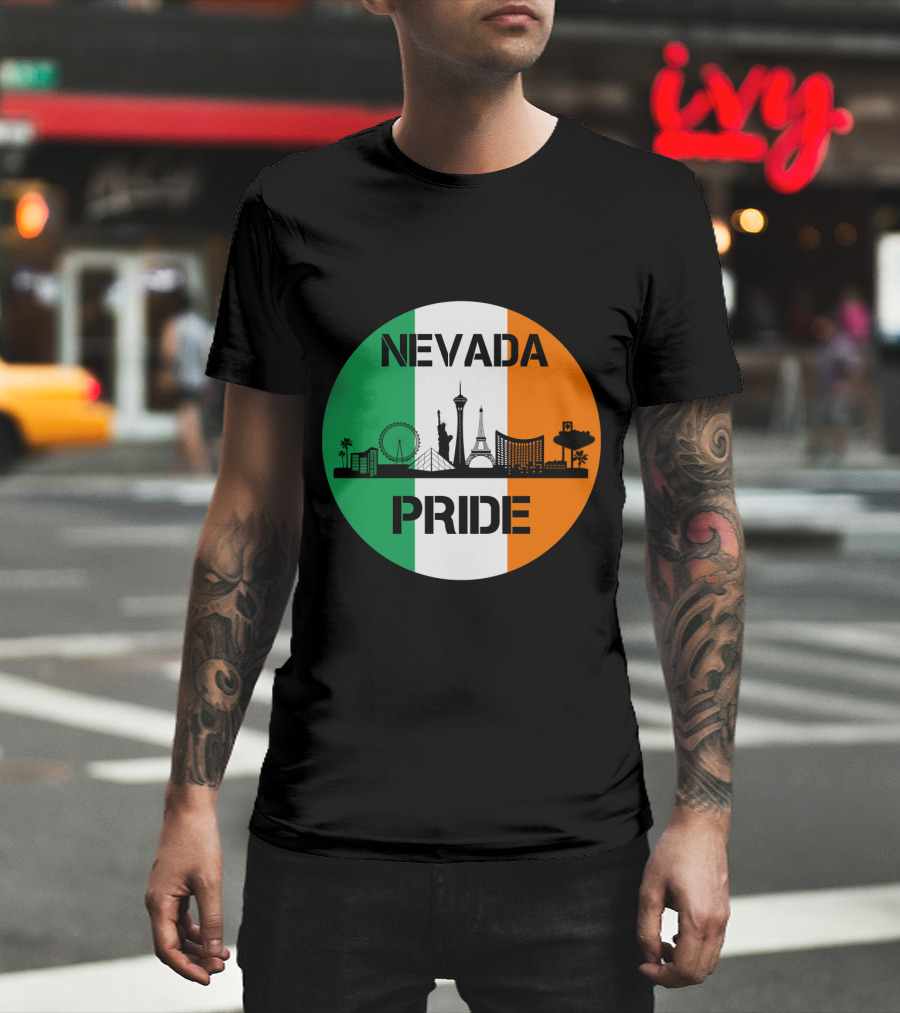 Nevada Pride Skyline With Irish Flag Colors And Iconic Landmarks T-Shirt