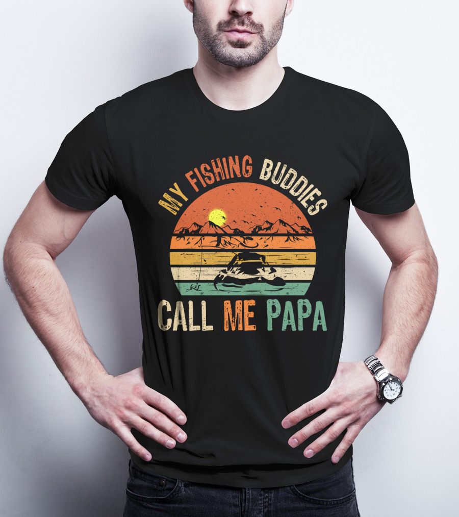 My Fishing Buddies Call Me Papa Vintage Fisherman Retro Sunset T-Shirt