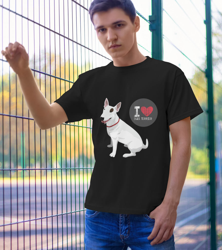 I Love Bull Terrier White Dog Sitting With Red Collar T-Shirt