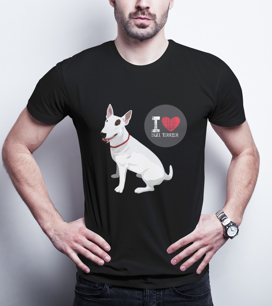 I Love Bull Terrier White Dog Sitting With Red Collar T-Shirt