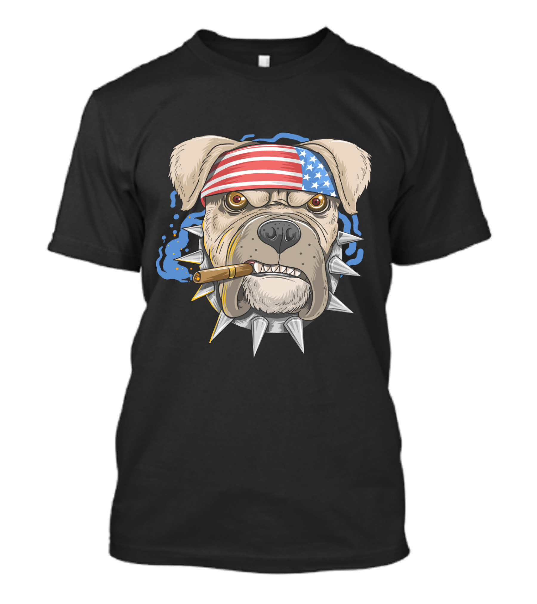 Pit Bull Dog American Punk Head Spiked Collar Patriotic Bandana Cigar T-Shirt