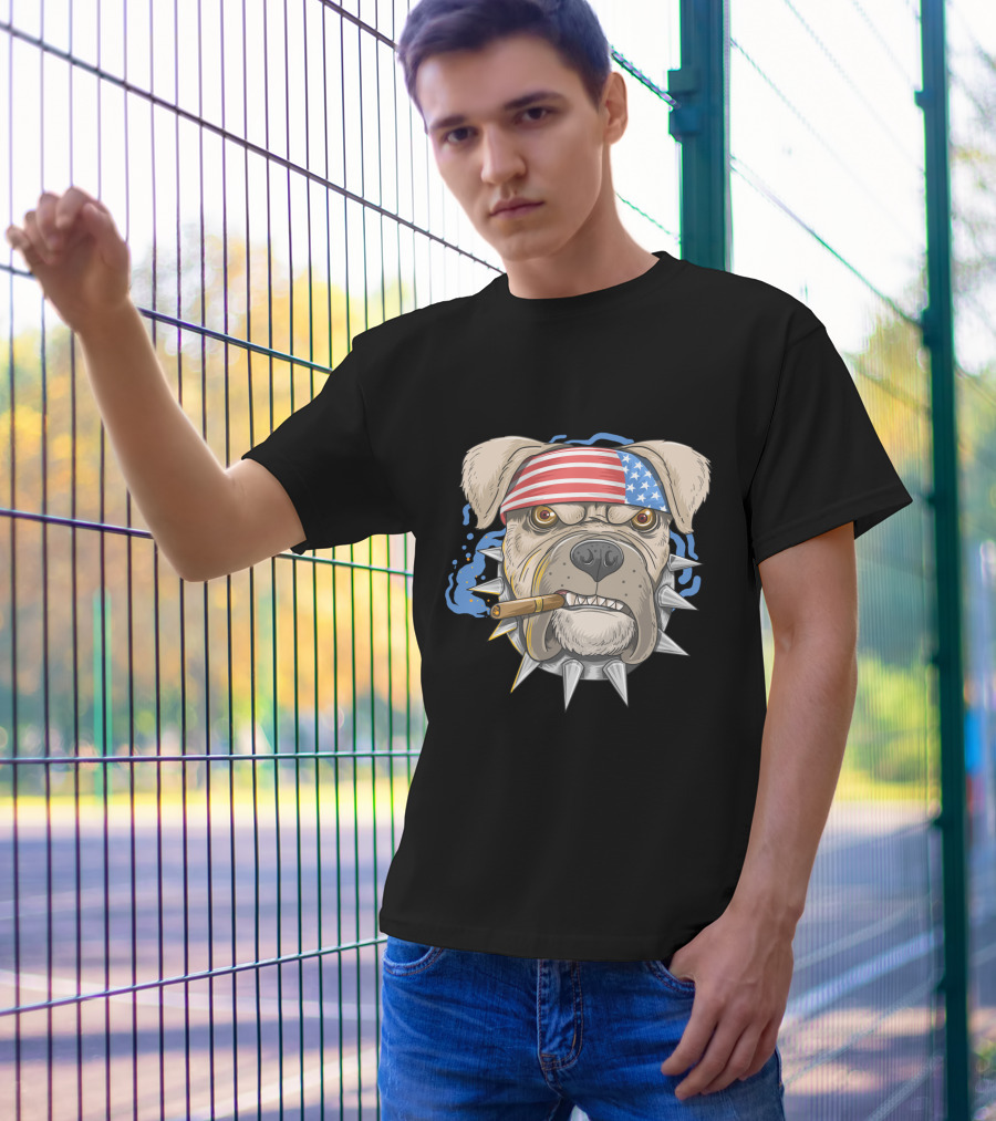 Pit Bull Dog American Punk Head Spiked Collar Patriotic Bandana Cigar T-Shirt