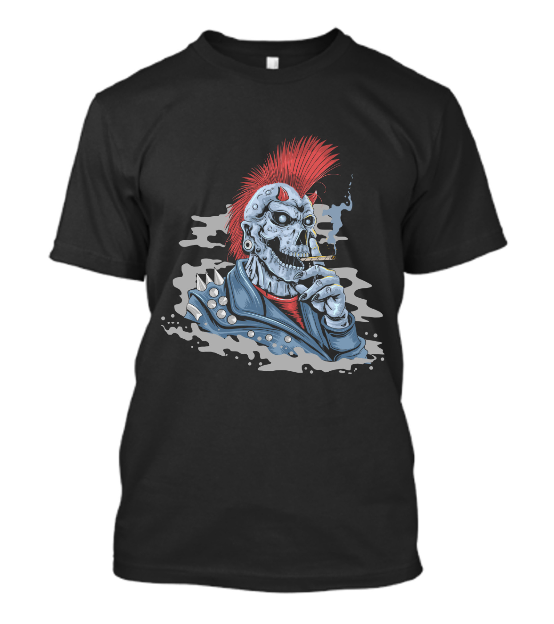Skull Punk Mohawk With Spiked Leather And Smoking Cigarette T-Shirt