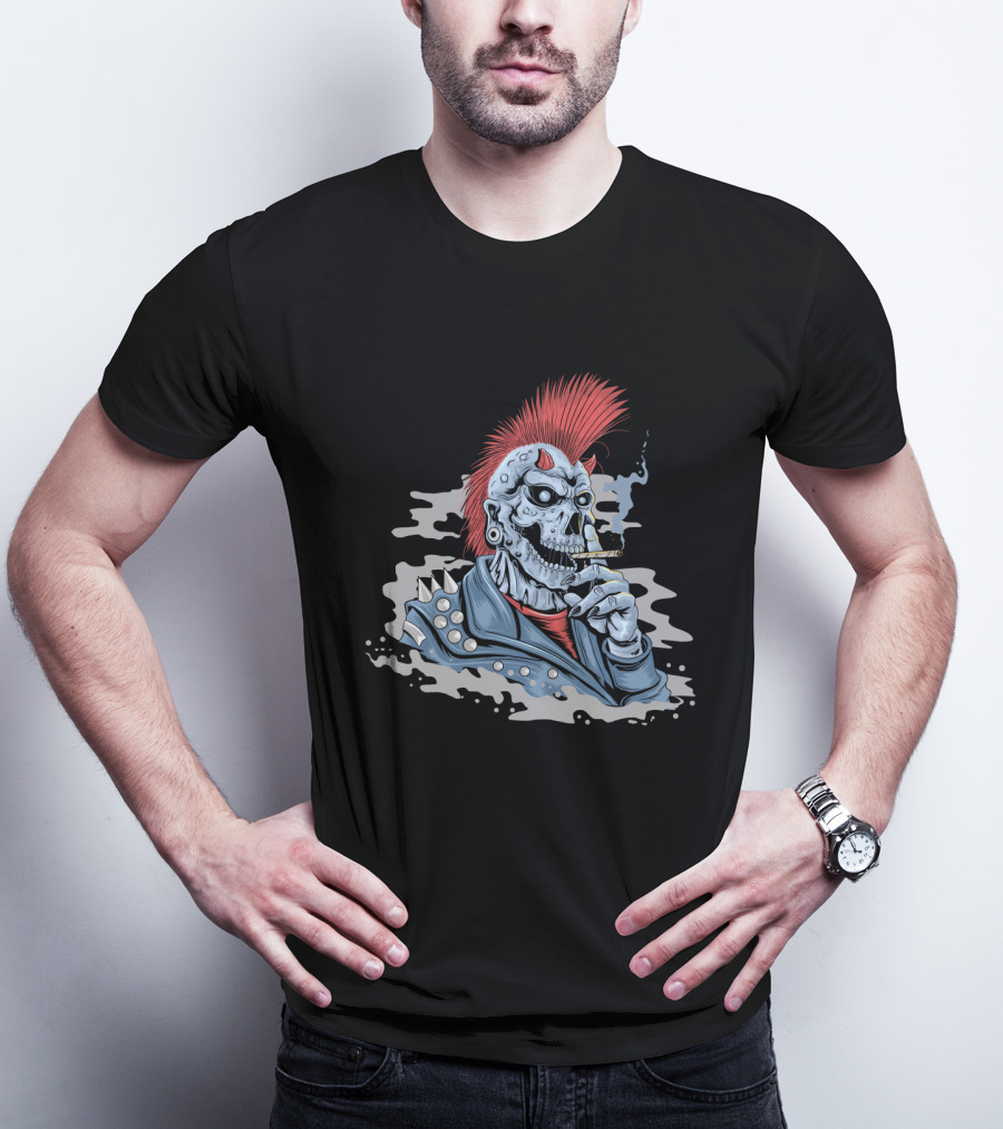Skull Punk Mohawk With Spiked Leather And Smoking Cigarette T-Shirt