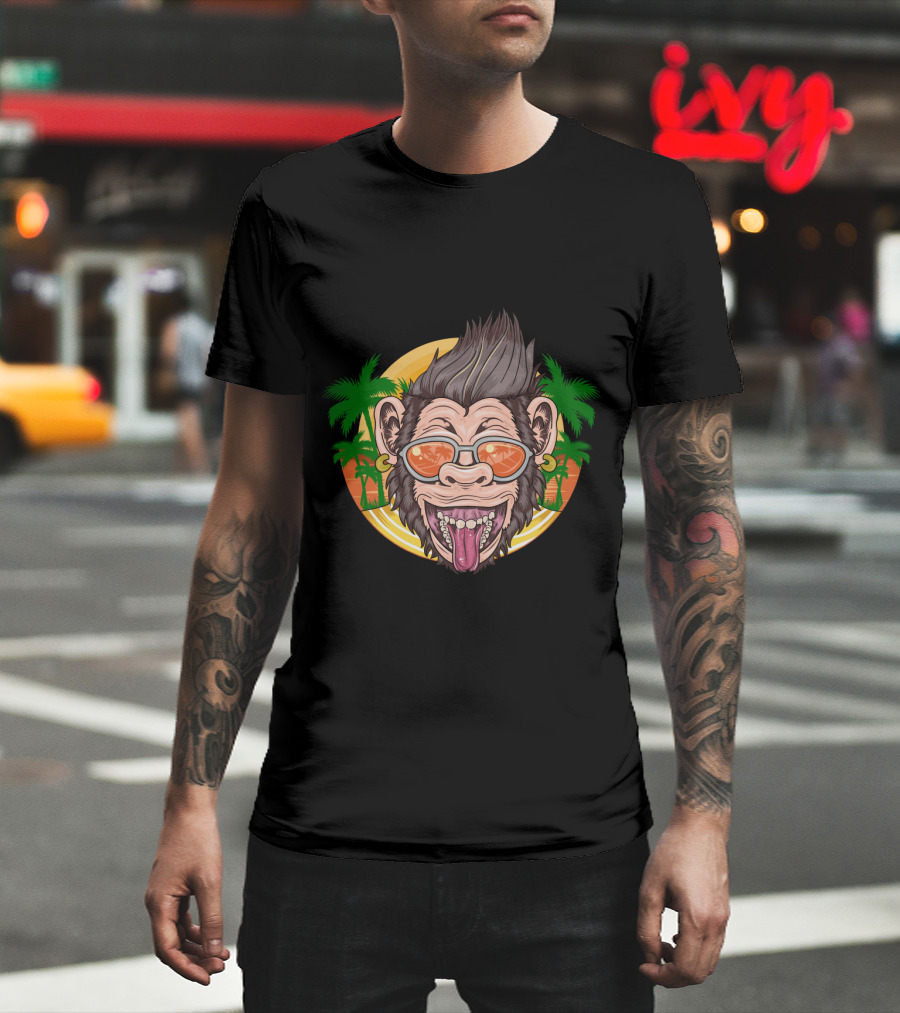 Funny Chimpanzee Sunglasses Tropical Sunset T-Shirt