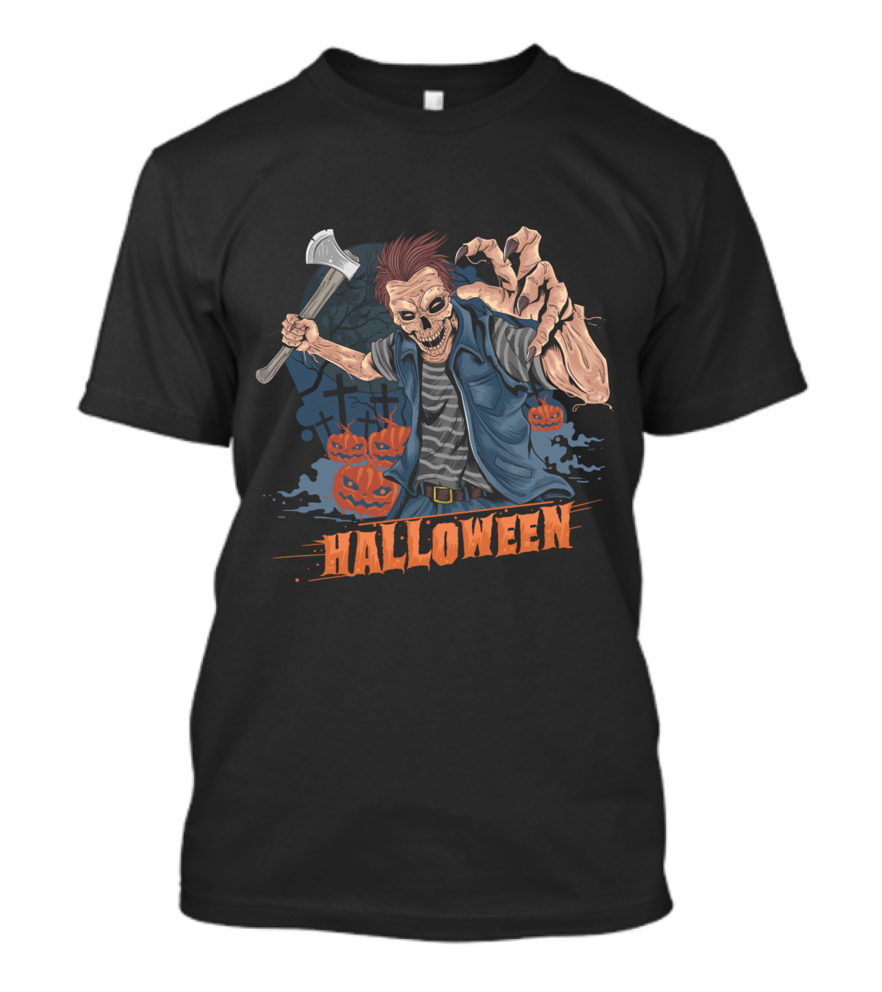 Halloween Funny Zombie With Axe And Pumpkins T-Shirt