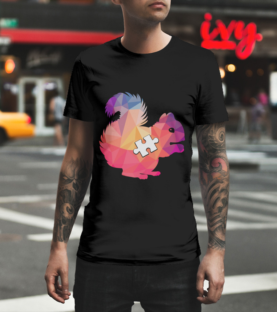 Squirrel Autism Awareness Puzzle Piece Geometric Multicolor T-Shirt