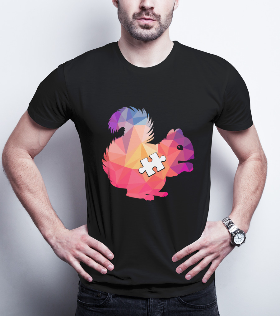 Squirrel Autism Awareness Puzzle Piece Geometric Multicolor T-Shirt