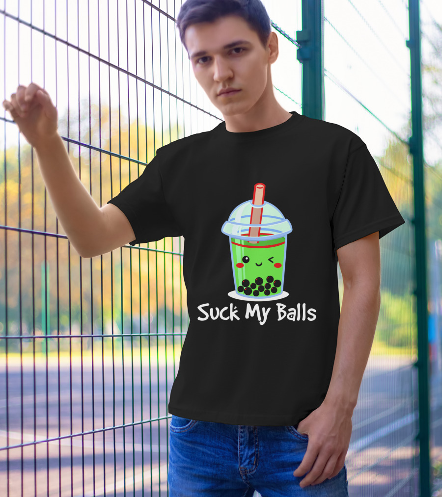 Suck My Balls Kawaii Bubble Tea Cup With Straw And Tapioca Pearls T-Shirt