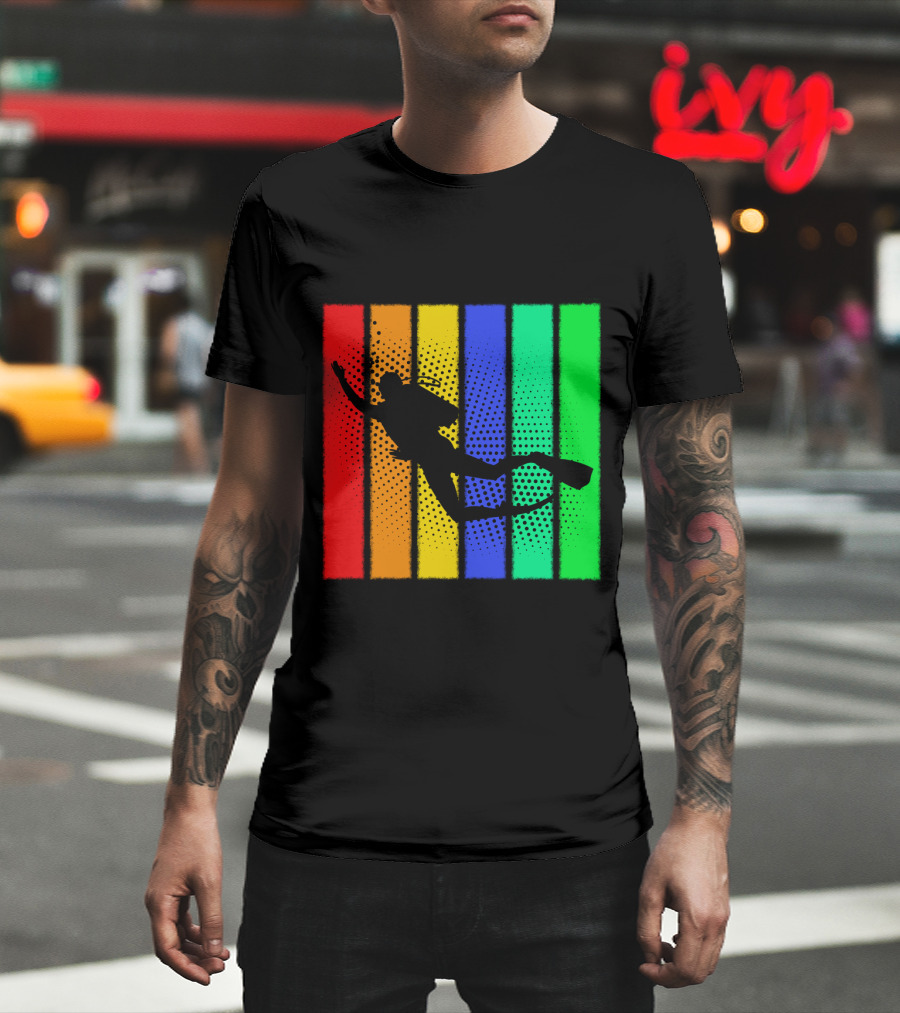Retro Snorkeling Diver Silhouette Rainbow Stripes T-Shirt
