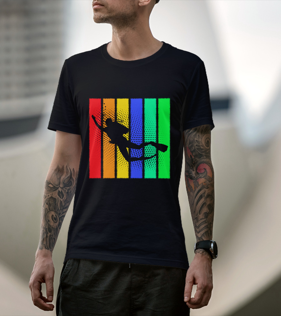 Retro Snorkeling Diver Silhouette Rainbow Stripes T-Shirt