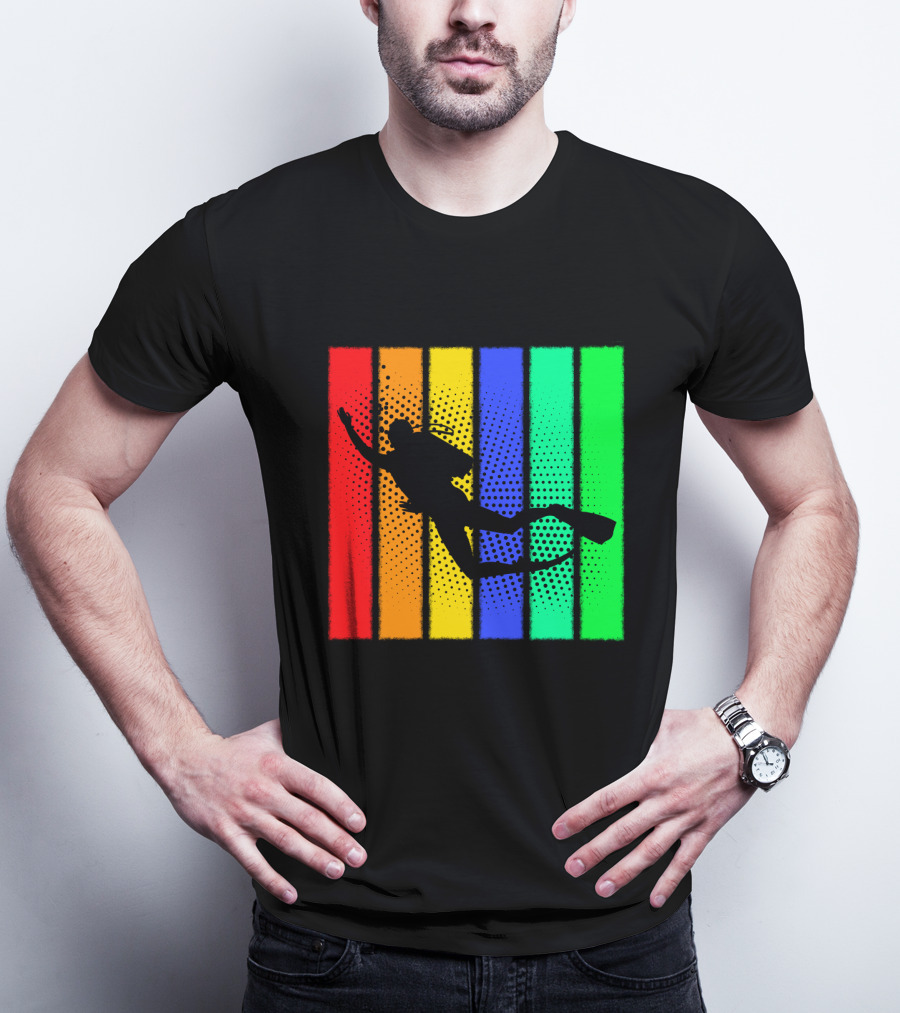 Retro Snorkeling Diver Silhouette Rainbow Stripes T-Shirt
