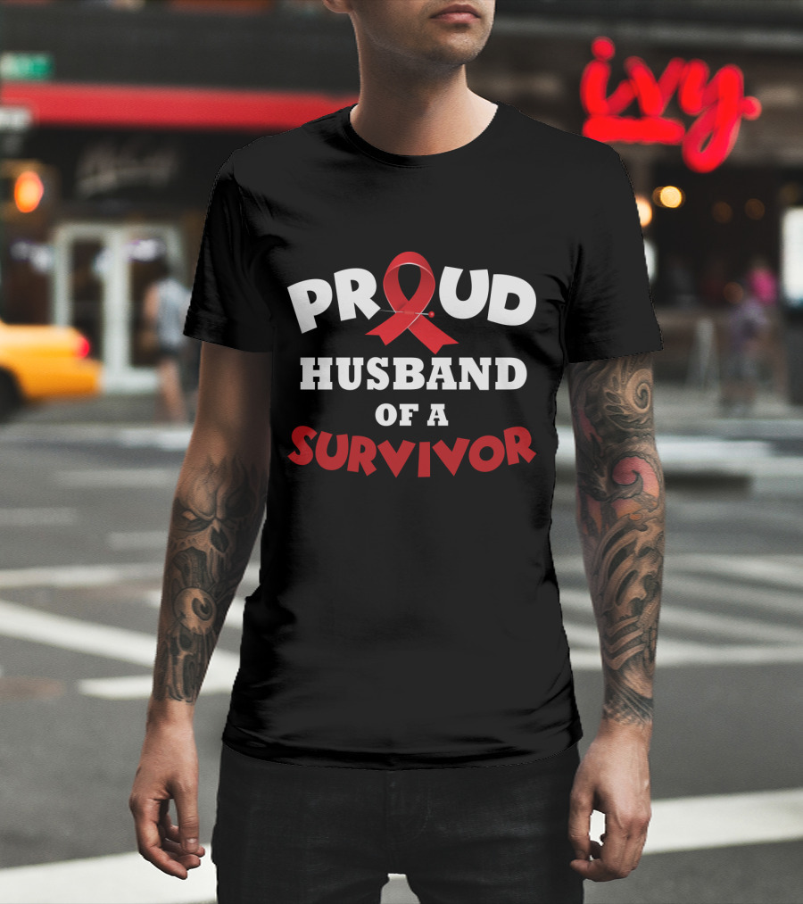 Proud Husband Of A Survivor Red Ribbon Awareness T-Shirt