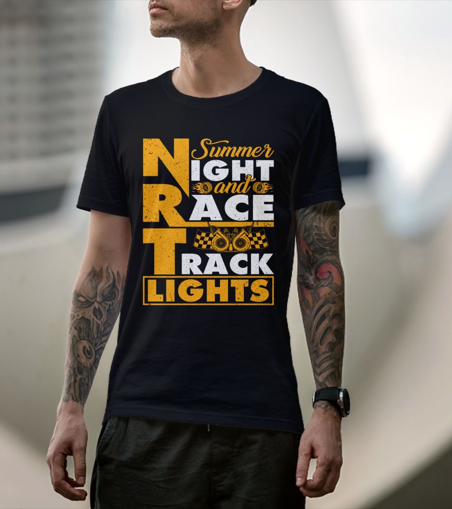 Summer Night And Race Track Lights With Engine And Checkered Flags T-Shirt