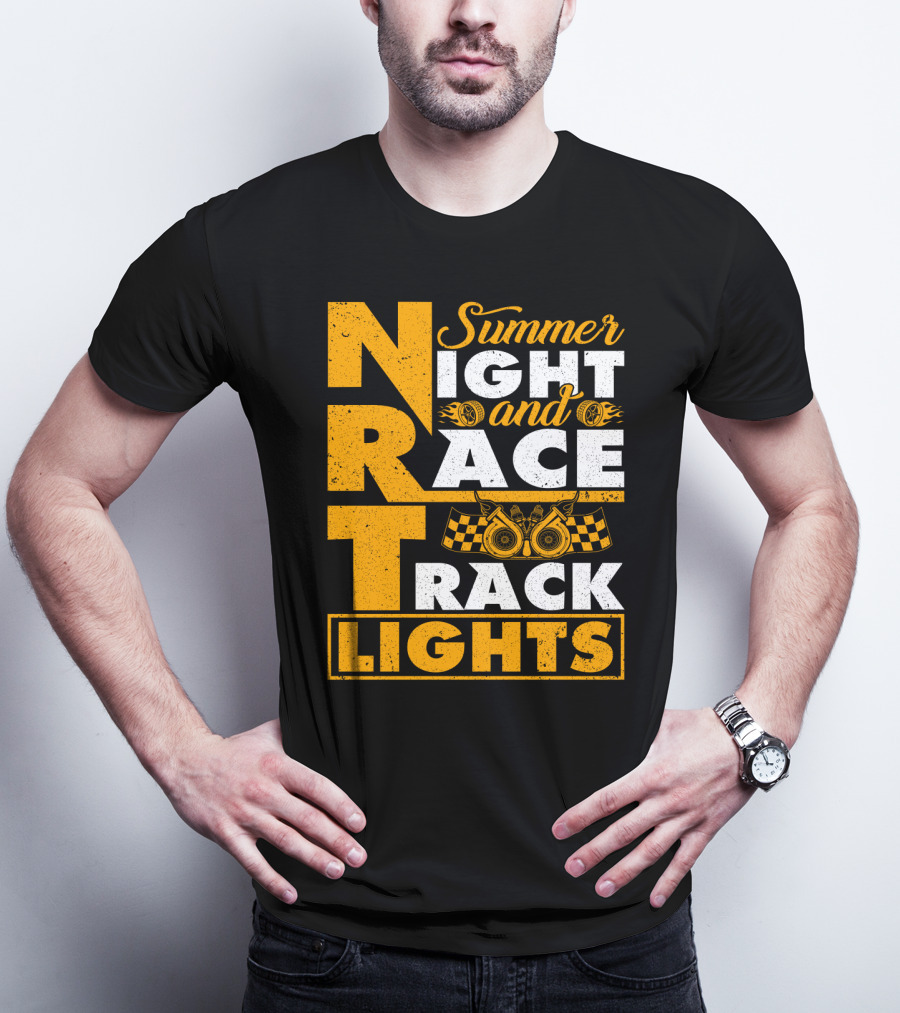 Summer Night And Race Track Lights With Engine And Checkered Flags T-Shirt