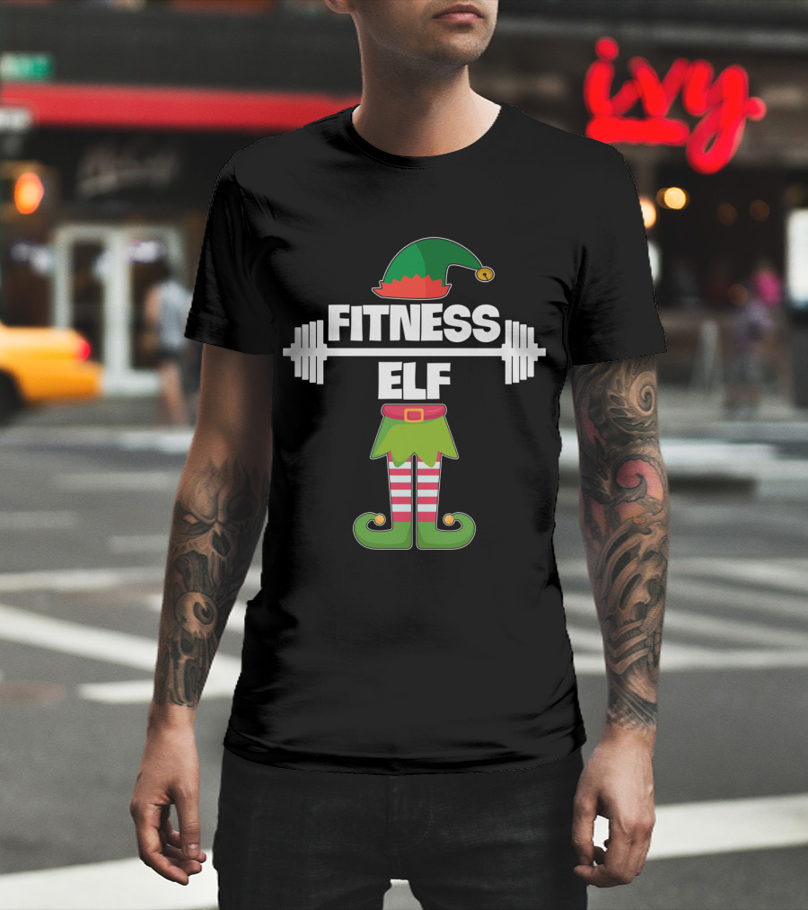FITNESS ELF Workout Exercise Weight Lifter Barbell Holiday Humor T-Shirt