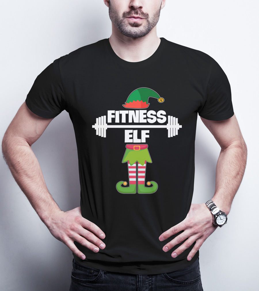 FITNESS ELF Workout Exercise Weight Lifter Barbell Holiday Humor T-Shirt