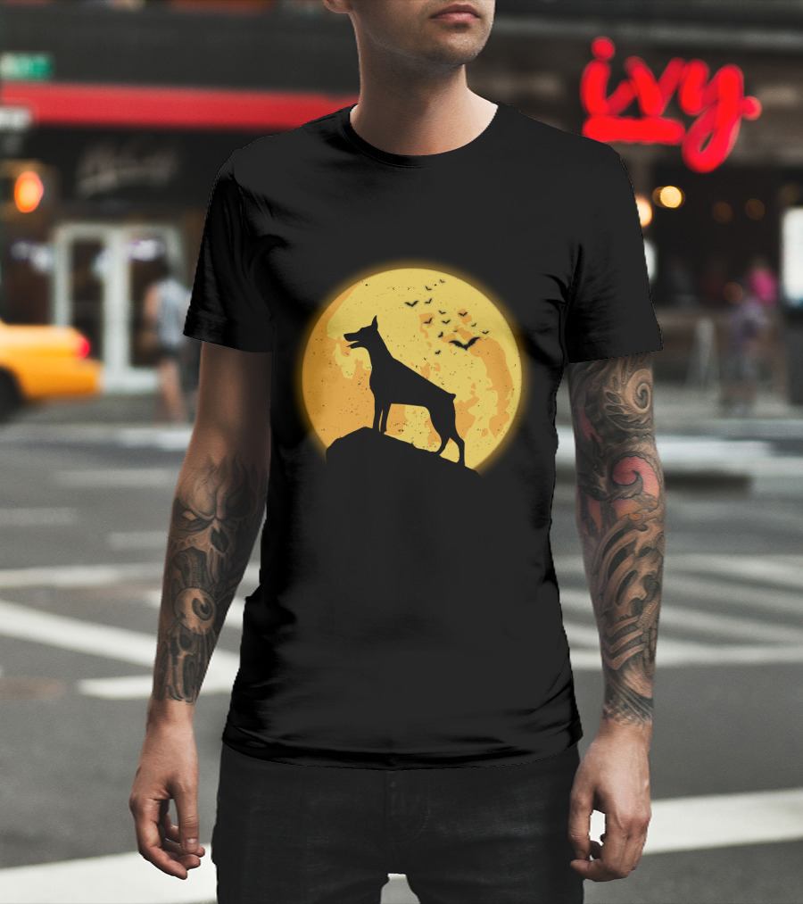 DOBERMAN Dog Silhouette Against Orange Moon Night Scene T-Shirt