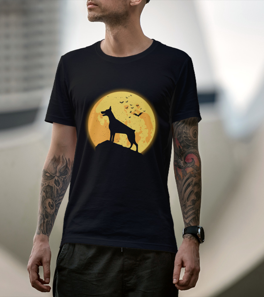 DOBERMAN Dog Silhouette Against Orange Moon Night Scene T-Shirt