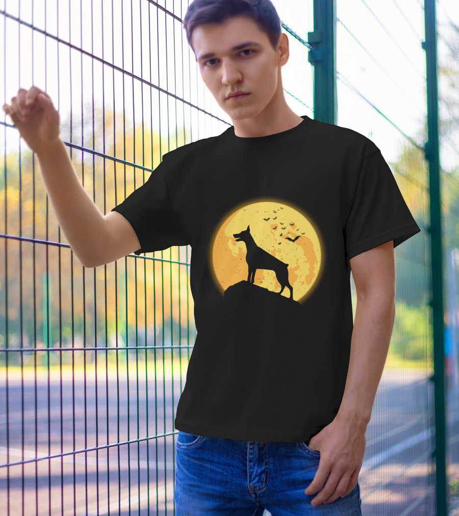 DOBERMAN Dog Silhouette Against Orange Moon Night Scene T-Shirt