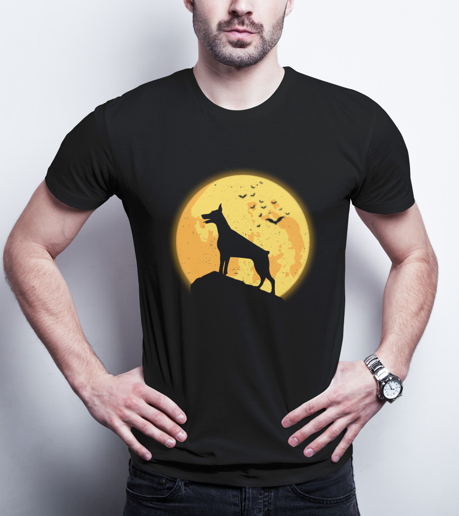 DOBERMAN Dog Silhouette Against Orange Moon Night Scene T-Shirt