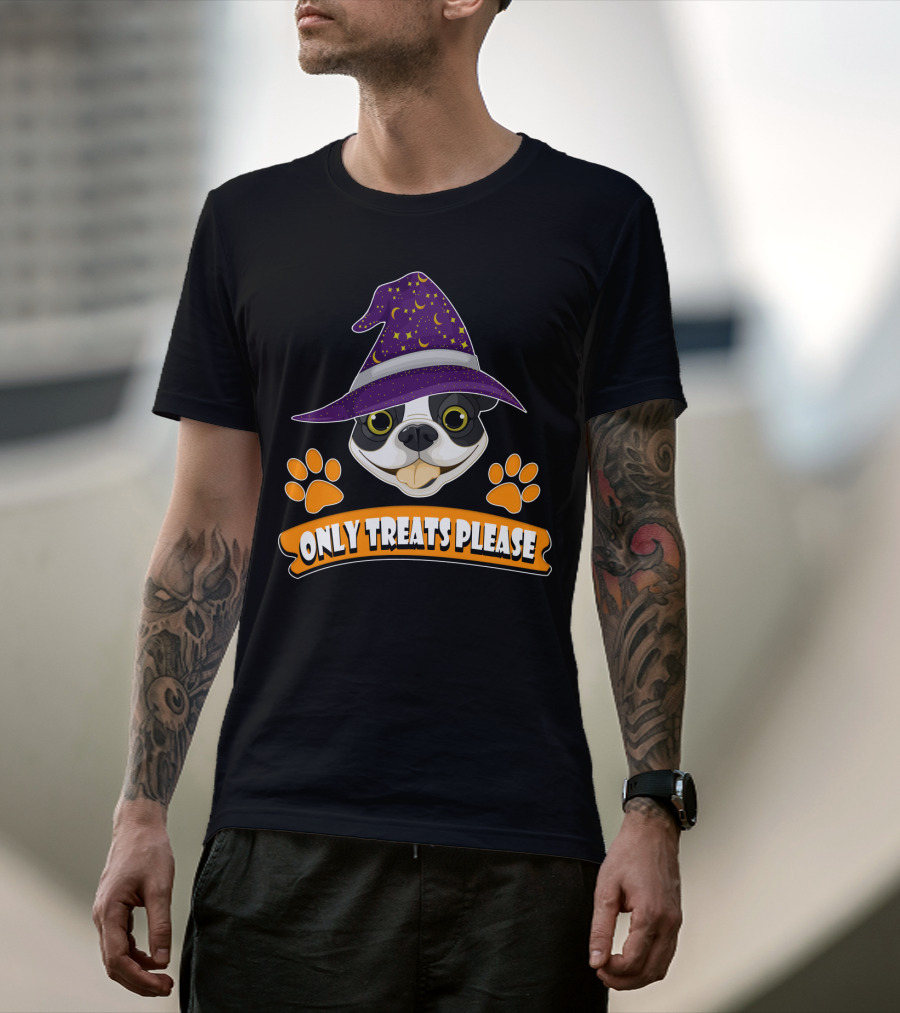 Boston Terrier Only Treats Please Wizard Hat And Paw Prints T-Shirt