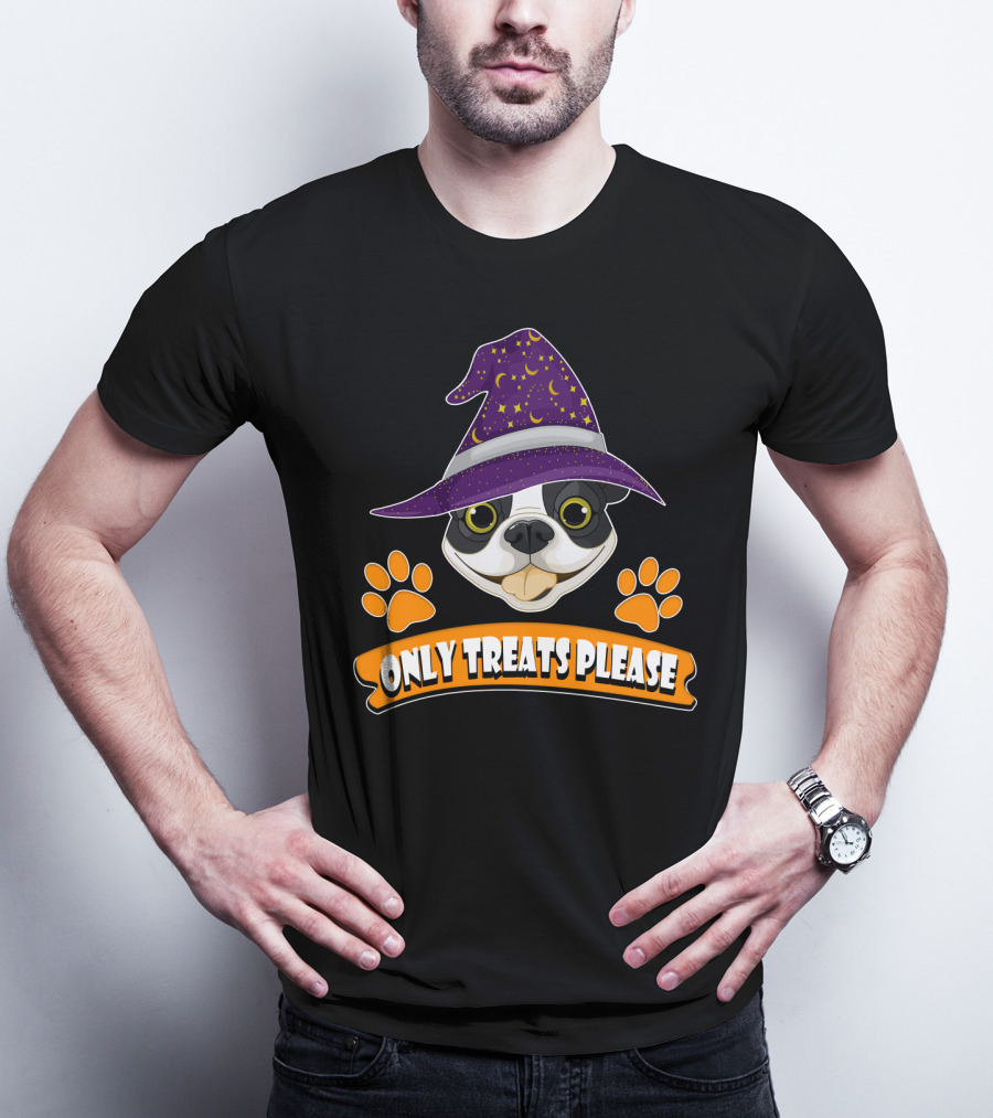 Boston Terrier Only Treats Please Wizard Hat And Paw Prints T-Shirt