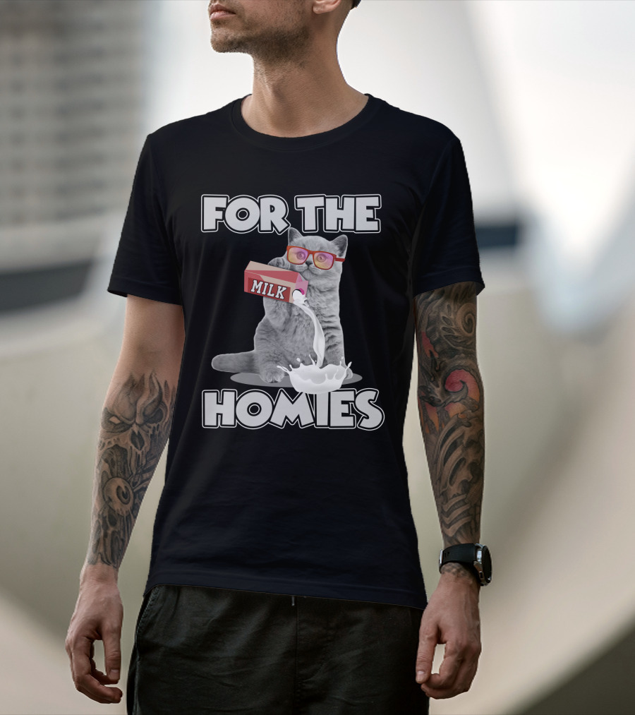 For The Homies Funny Cat Pouring Milk With Glasses T-Shirt