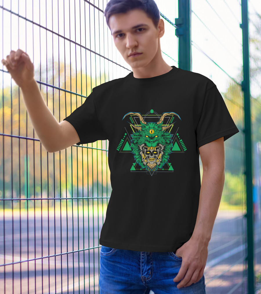 Green Dragon Geometric Skull Fusion T-Shirt
