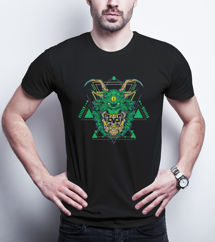 Green Dragon Geometric Skull Fusion T-Shirt