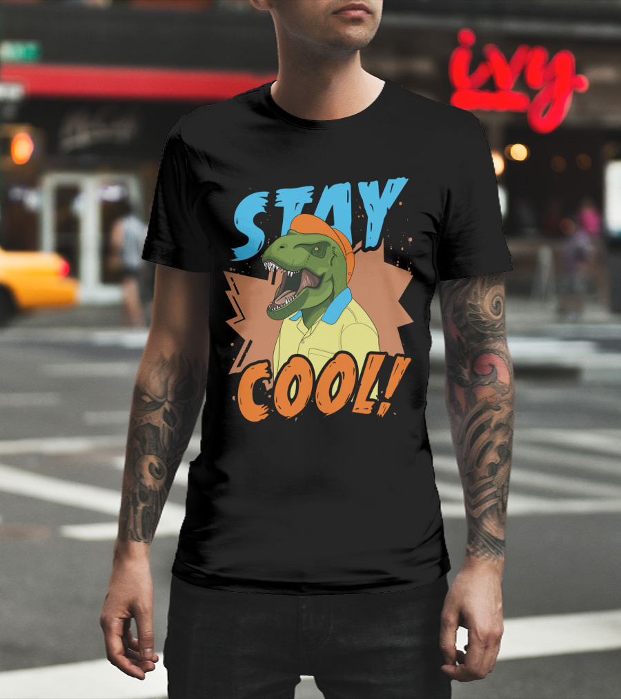 STAY COOL Dinosaur Wearing Bright Shirt And Cap T-Shirt