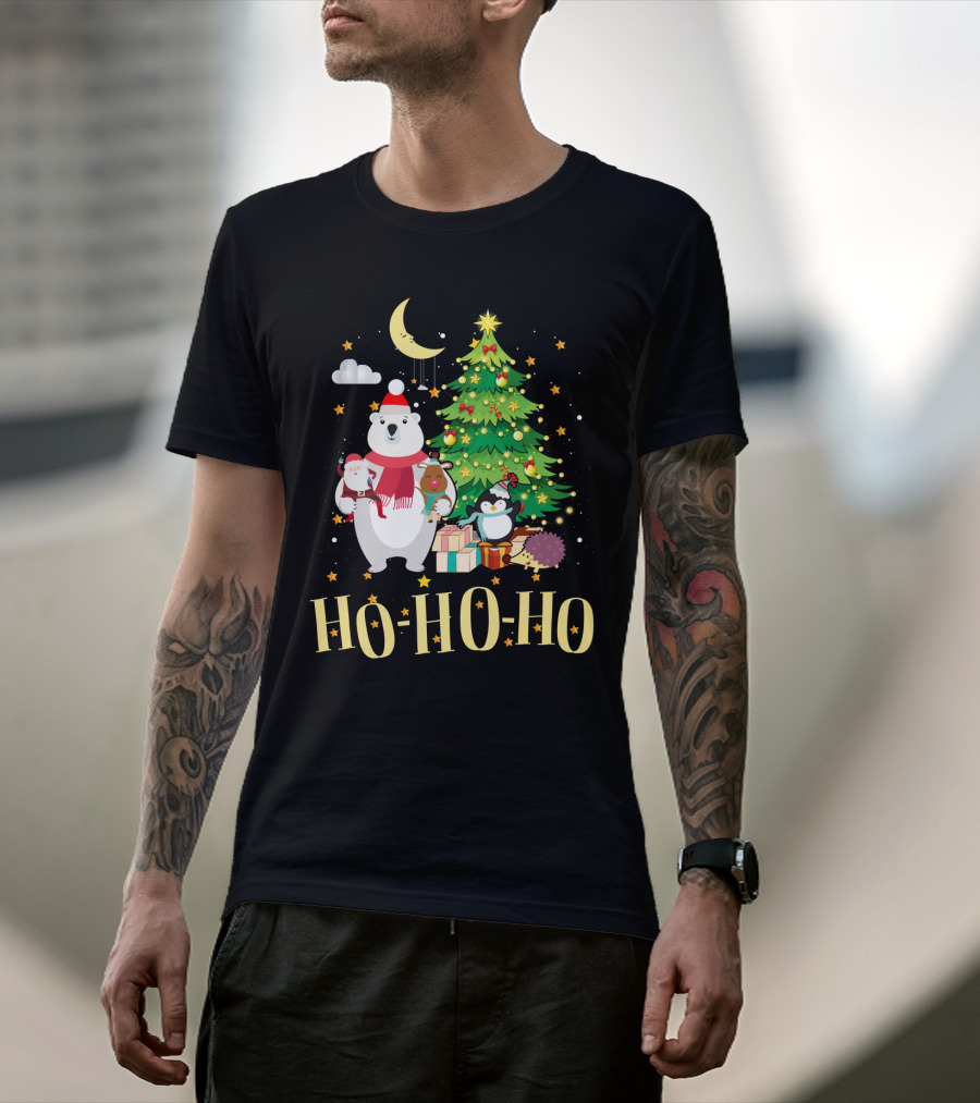 HO HO HO Christmas Dreams Polar Bear Santa Penguin Tree T-Shirt
