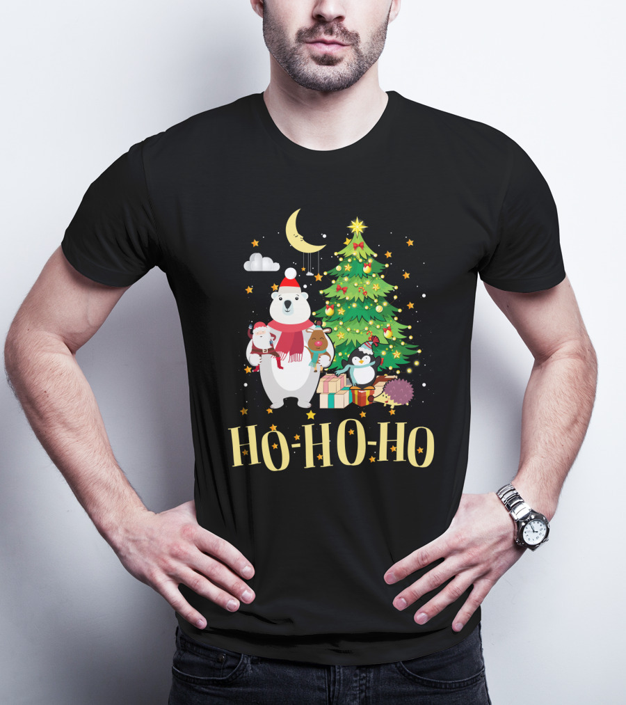HO HO HO Christmas Dreams Polar Bear Santa Penguin Tree T-Shirt