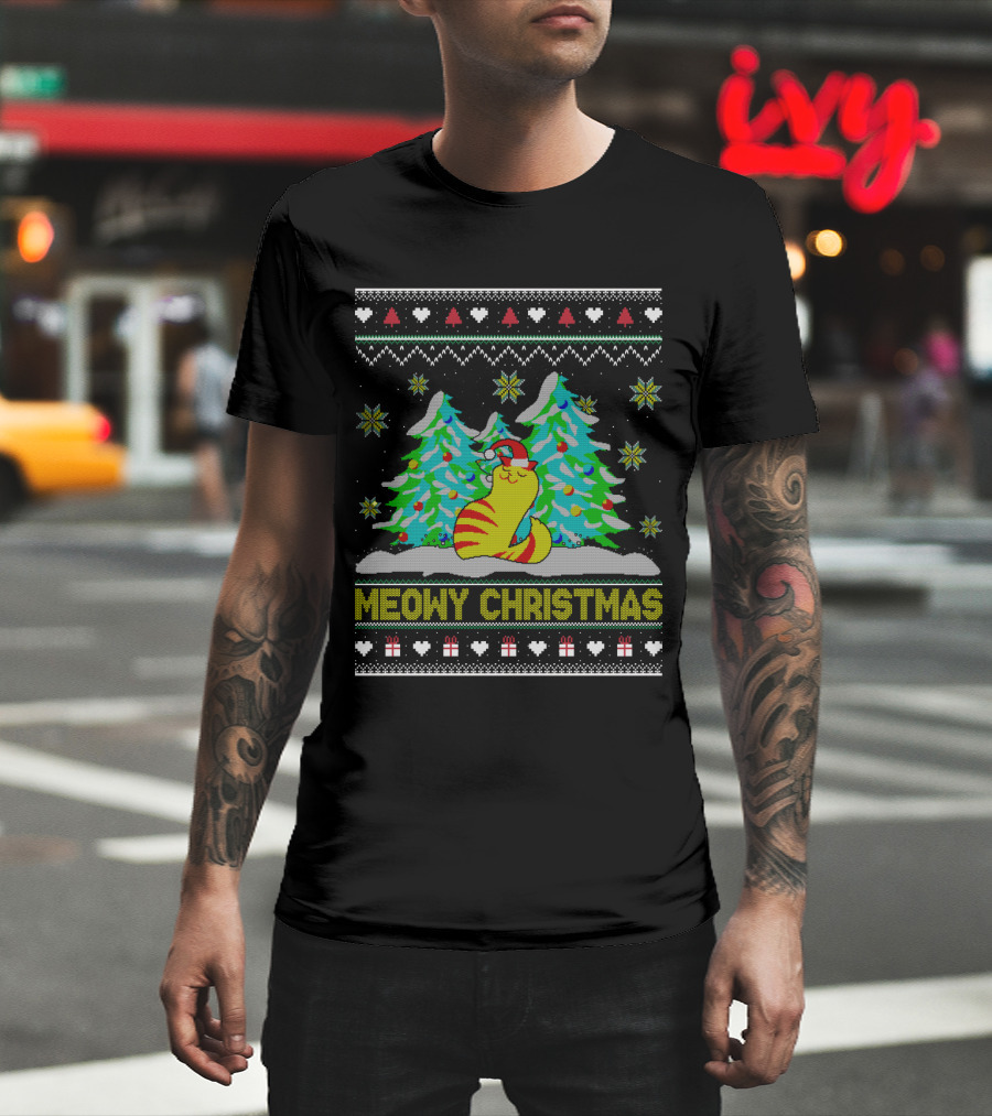 Meowy Christmas Cat Lover Ugly Christmas T-Shirt