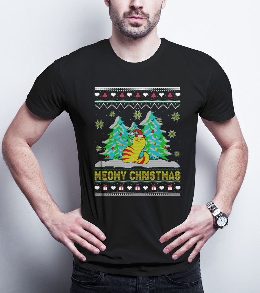 Meowy Christmas Cat Lover Ugly Christmas T-Shirt