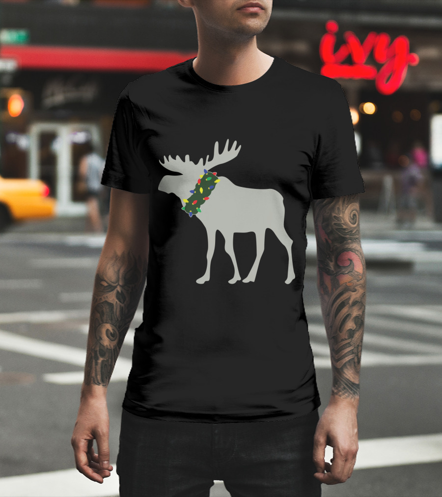 Moose With Festive Christmas Light Wreath T-Shirt