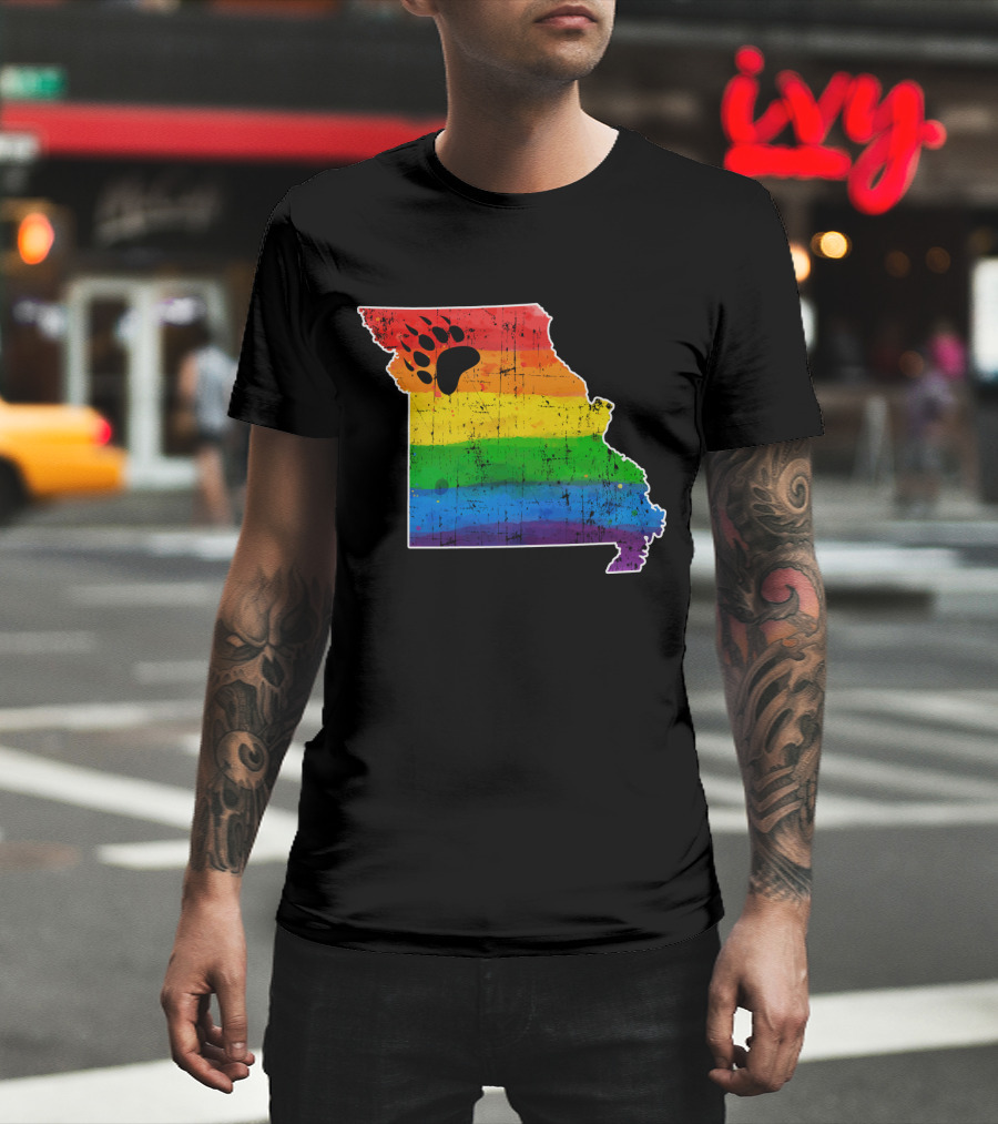 Missouri State Shape With Rainbow Bear Paw Pride Flag T-Shirt