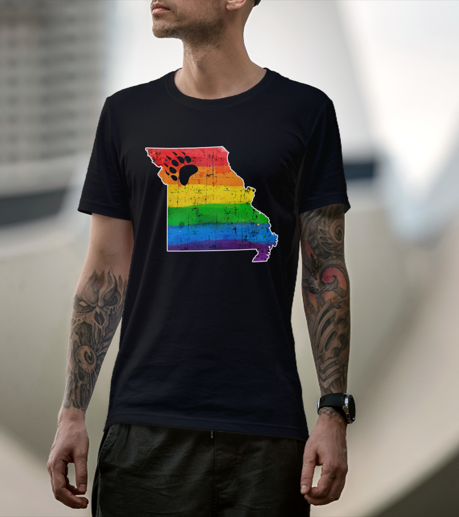 Missouri State Shape With Rainbow Bear Paw Pride Flag T-Shirt